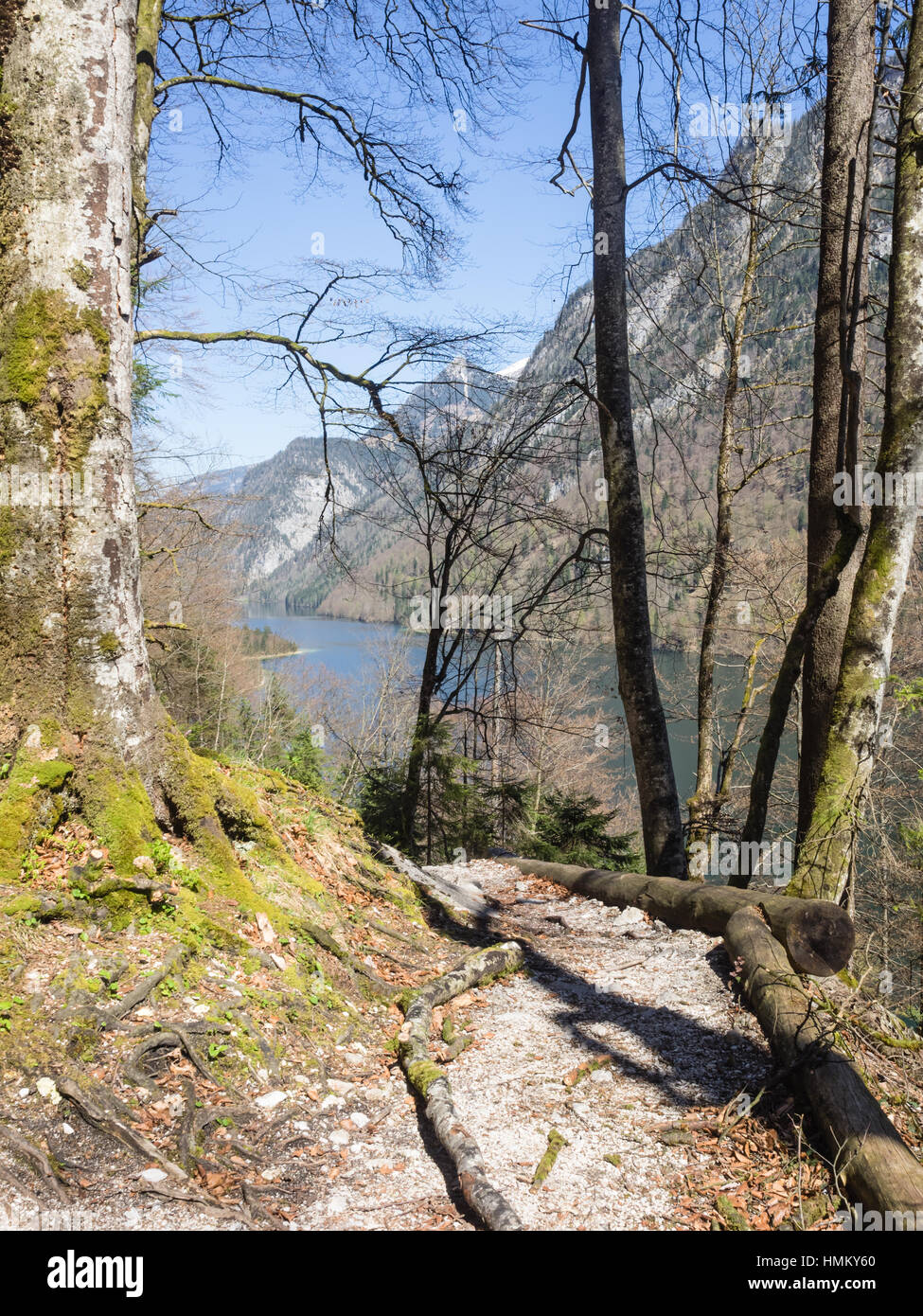 Hiking trail in the Bavarian Alps with lake Koenigssee in the ...