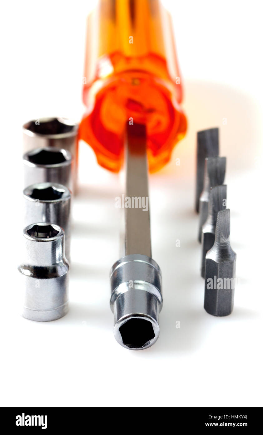 Mechanical bit tool set isolated on white background Stock Photo - Alamy