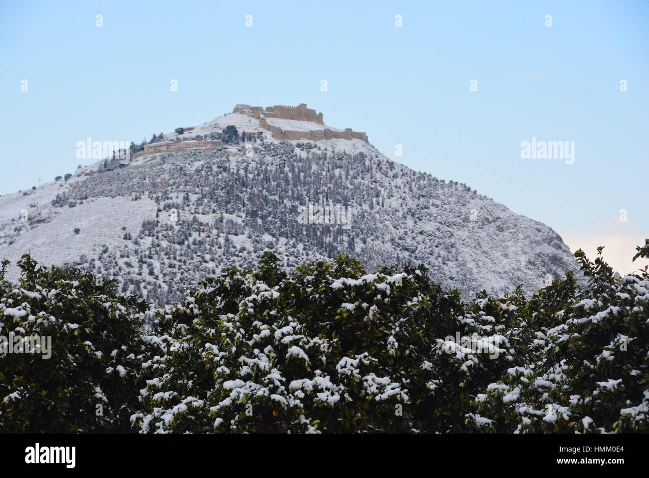 A view of the Larissa Castle, surrounded by snowy landscapes near Argos ...