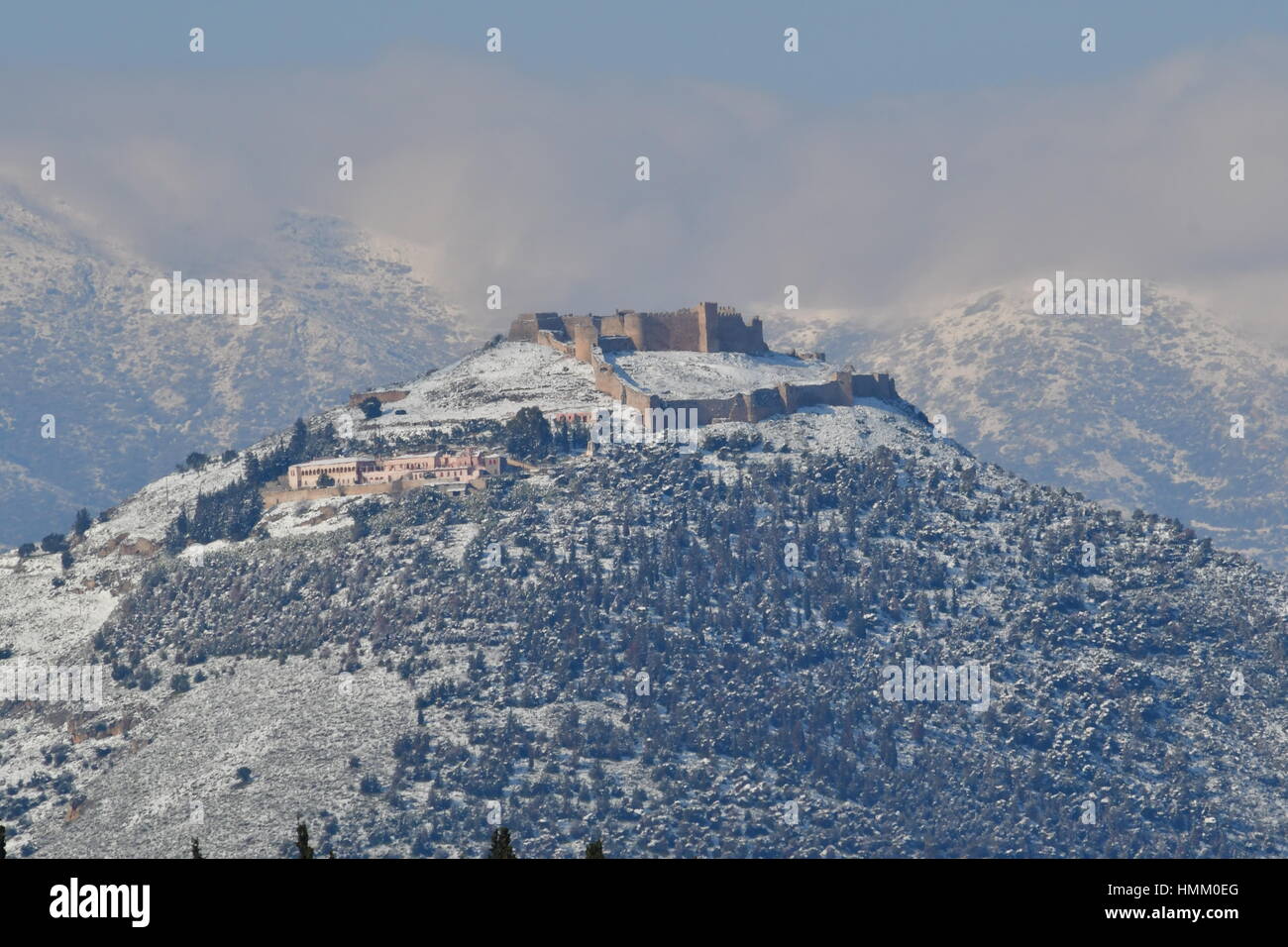 A view of the Larissa Castle, surrounded by snowy landscapes near Argos ...
