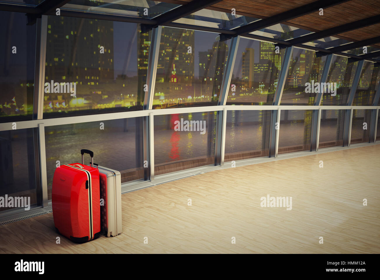 luggage at the airport terminal - night scene with a plane flying ...