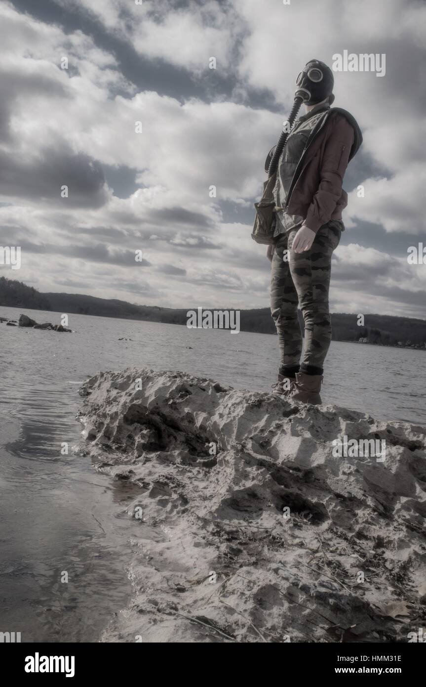 Scary girl wearing authentic Russian gas mask with breathing hose Stock ...