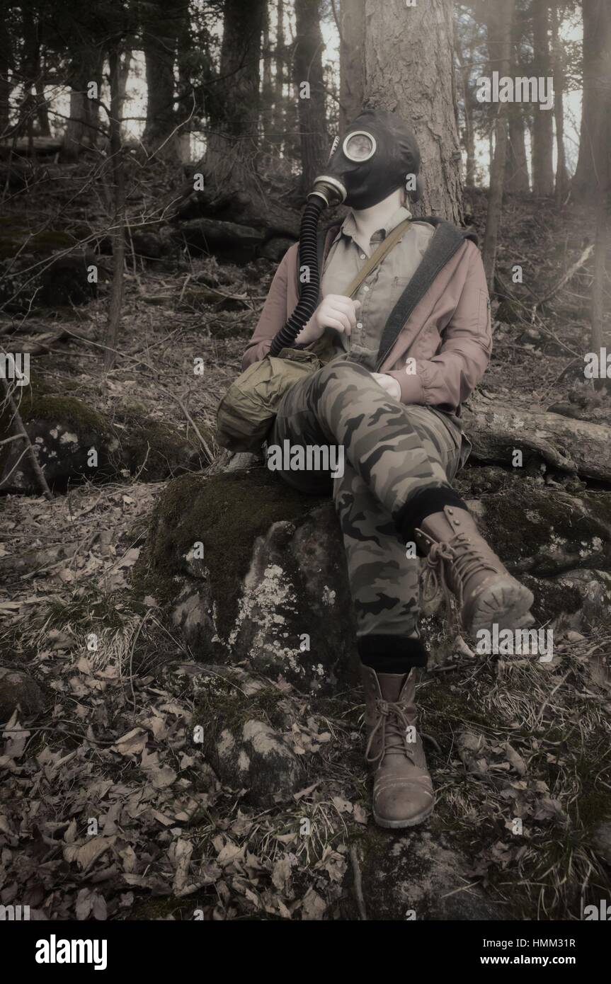 Scary girl wearing authentic Russian gas mask with breathing hose Stock ...