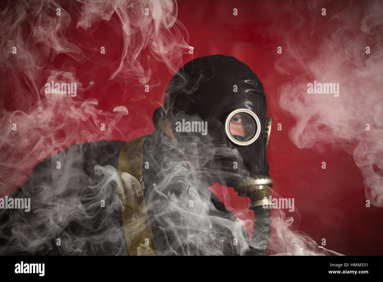 Scary man wearing authentic Russian gas mask with breathing hose Stock ...