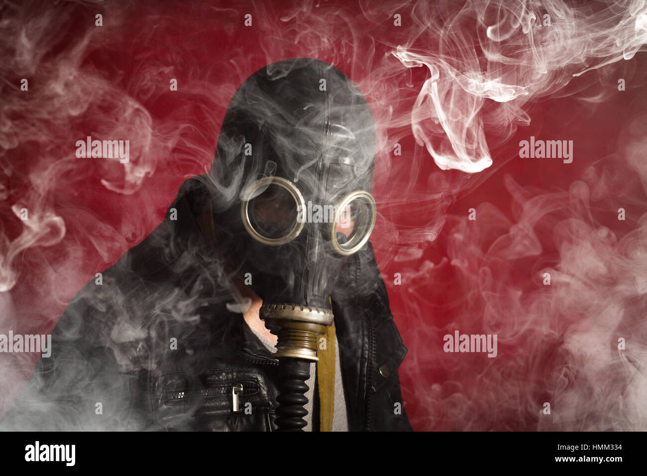 Scary man wearing authentic Russian gas mask with breathing hose Stock ...