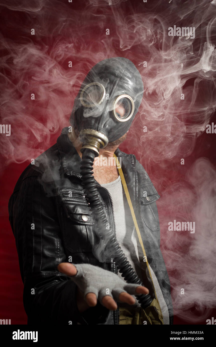 Scary man wearing authentic Russian gas mask with breathing hose Stock ...