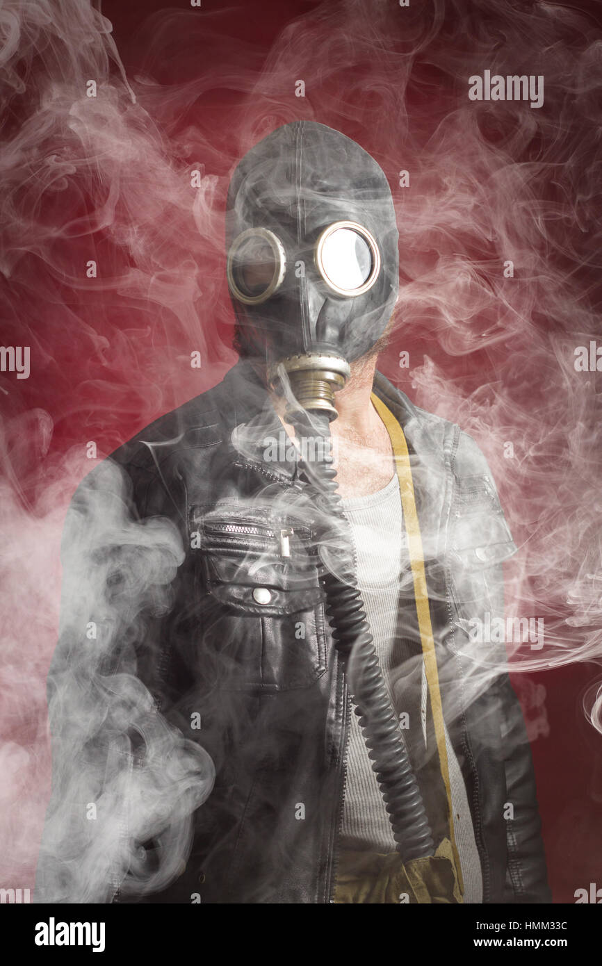 Scary man wearing authentic Russian gas mask with breathing hose Stock ...