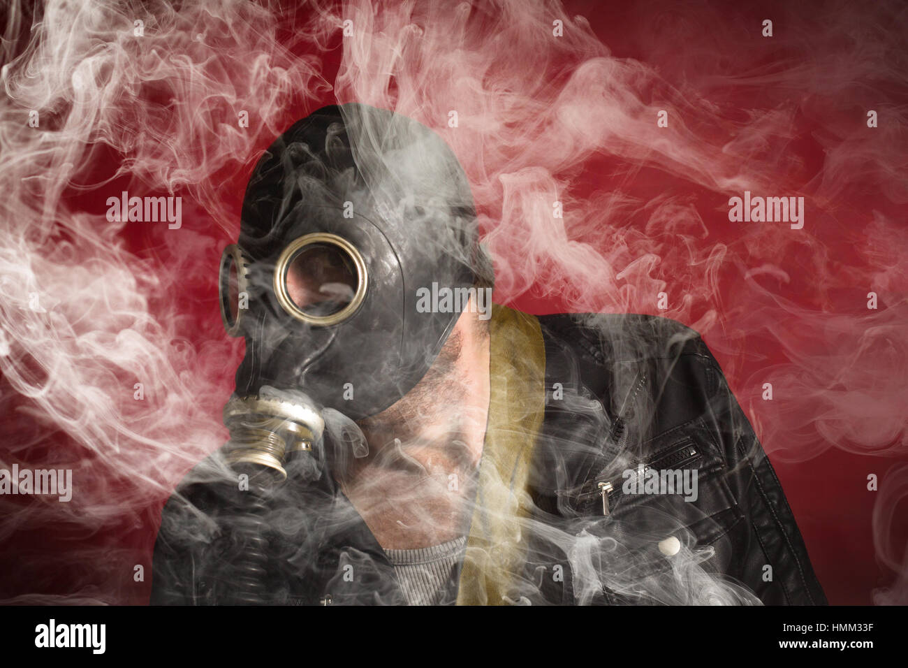 Scary man wearing authentic Russian gas mask with breathing hose Stock ...