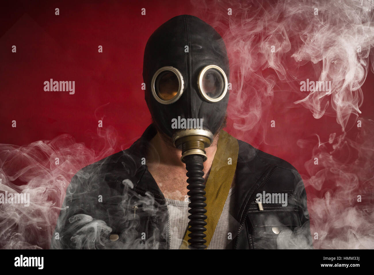 Scary man wearing authentic Russian gas mask with breathing hose Stock ...