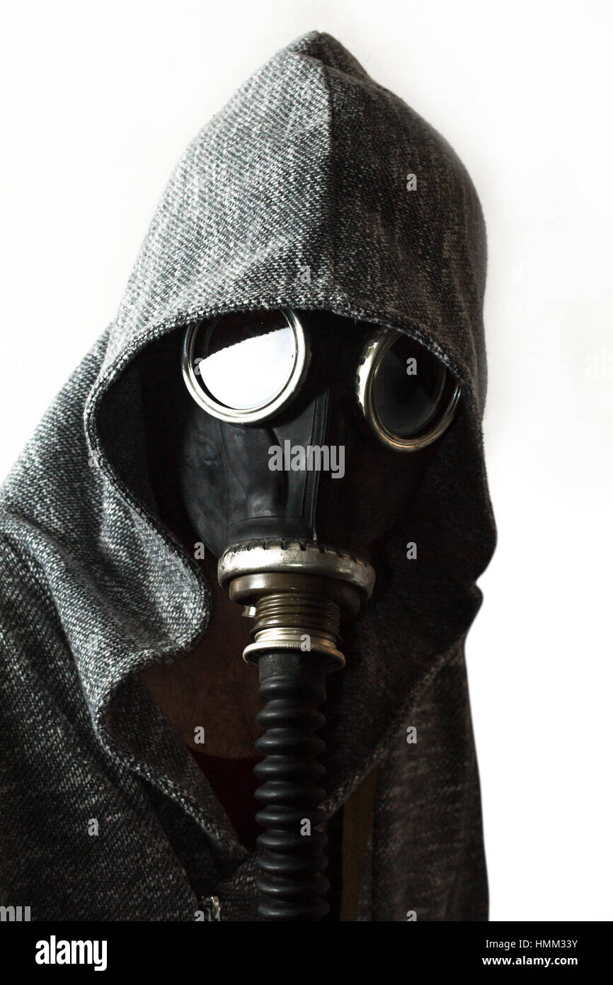 Scary man wearing authentic Russian gas mask with breathing hose Stock ...