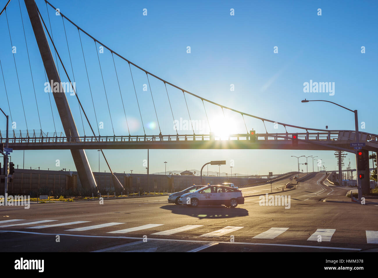 The Harbor Drive Pedestrian Bridge in the morning. Downtown San Diego ...