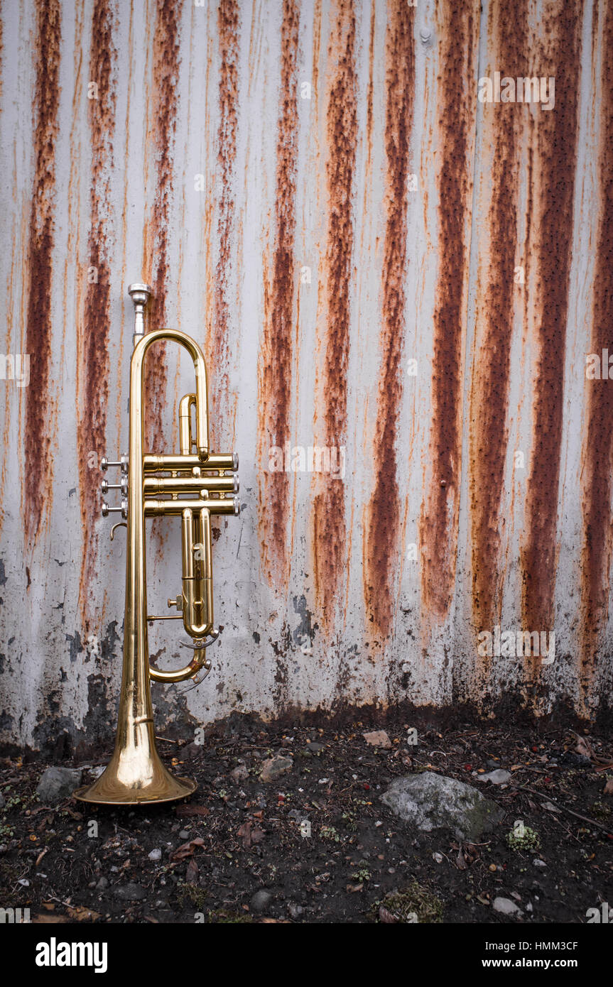 Old worn trumpet stands alone against a grungy rusty fence Stock Photo ...