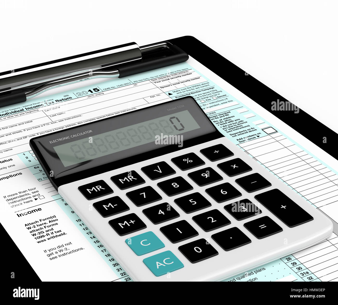 3d rendering of individual income tax return form and calculator over ...