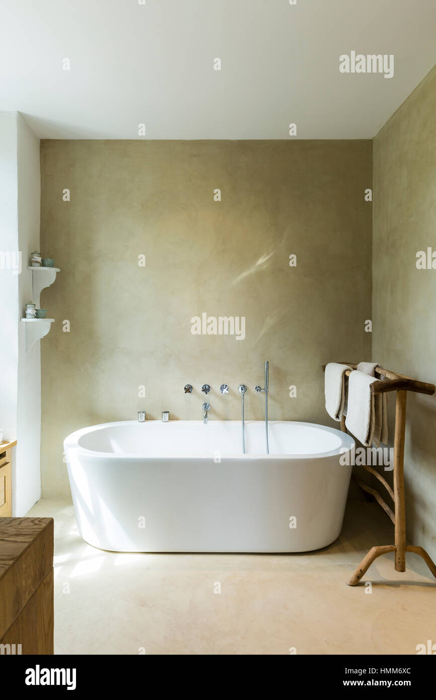 freestanding modern white bath in contemporary french home Stock Photo ...