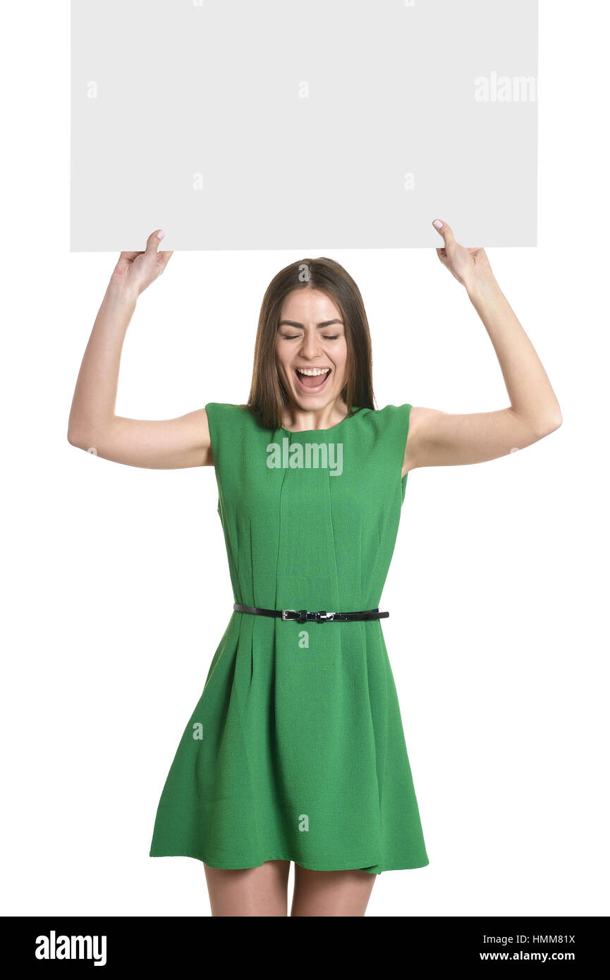 Beautiful woman and white signboard Stock Photo - Alamy