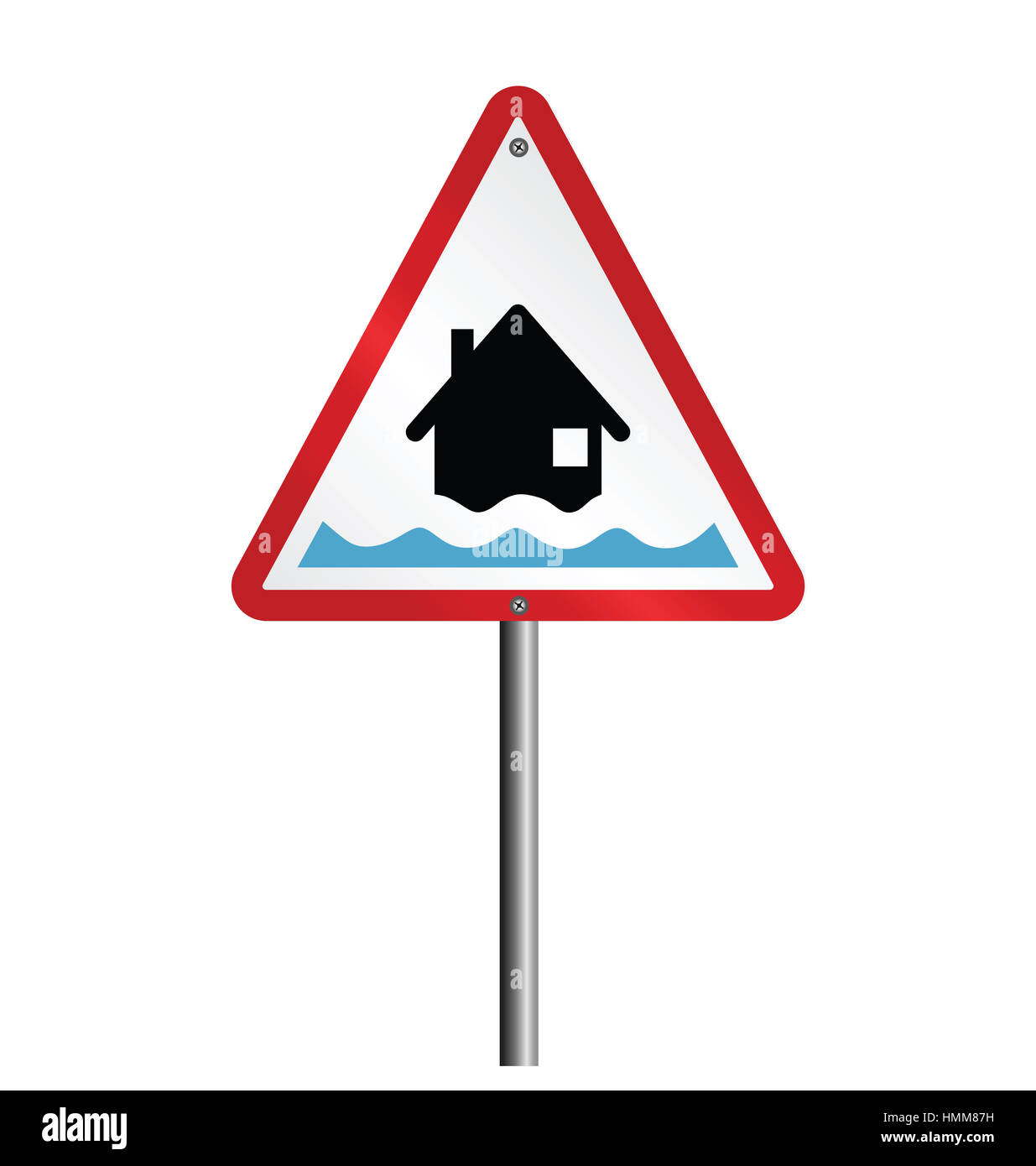 Amber flood alert warning sign fixed to post isolated on white ...