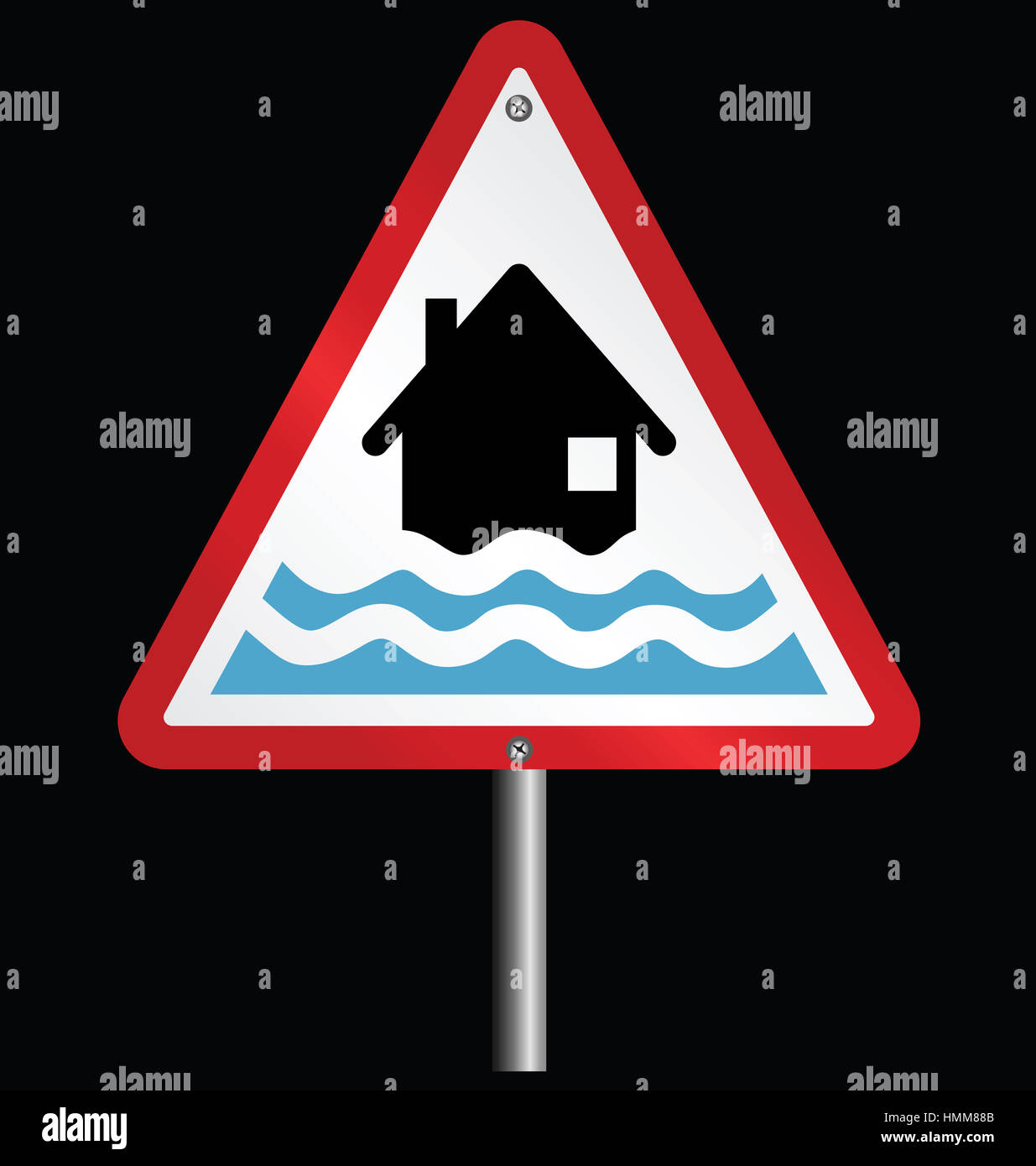 Red flood alert warning sign fixed to post isolated on black background ...