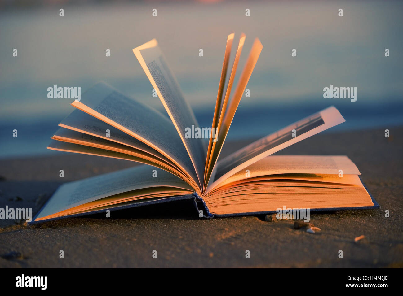open book on the beach.sunset warm light Stock Photo - Alamy
