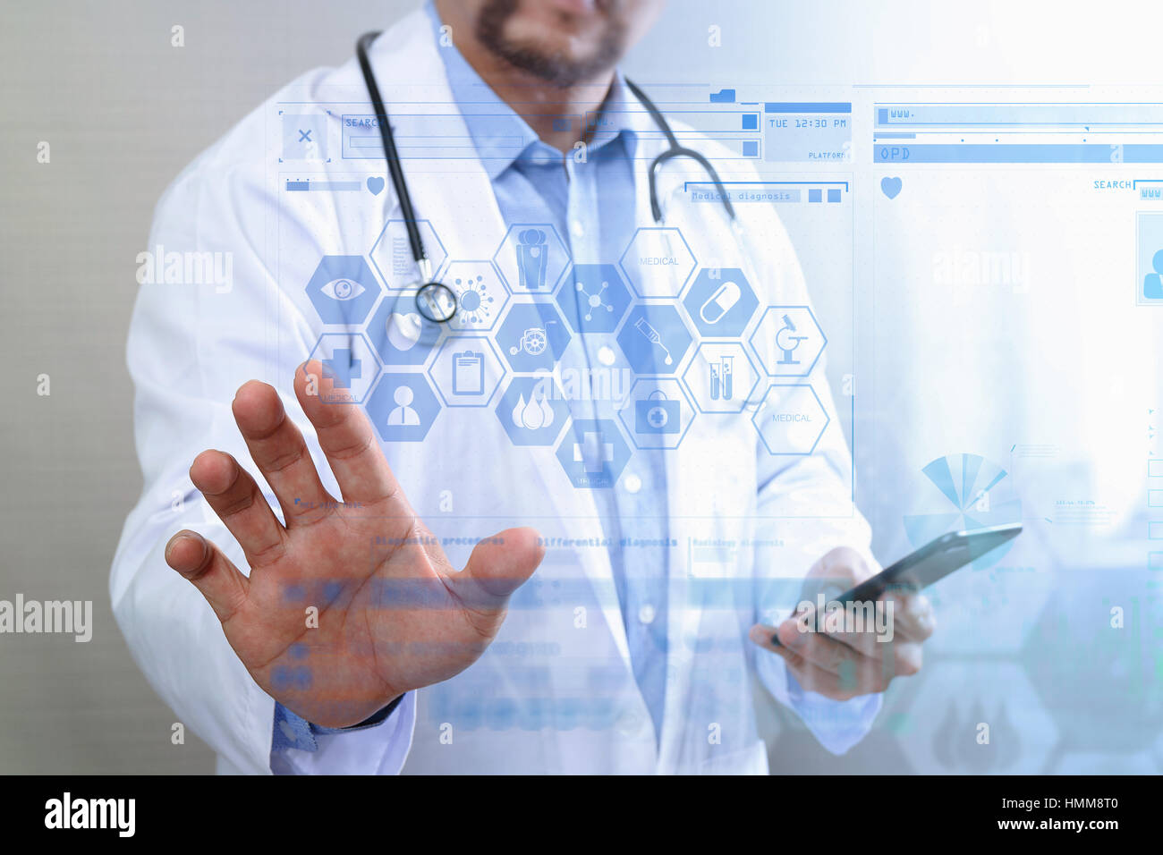 Medical technology concept. Doctor hand working with modern smart phone ...