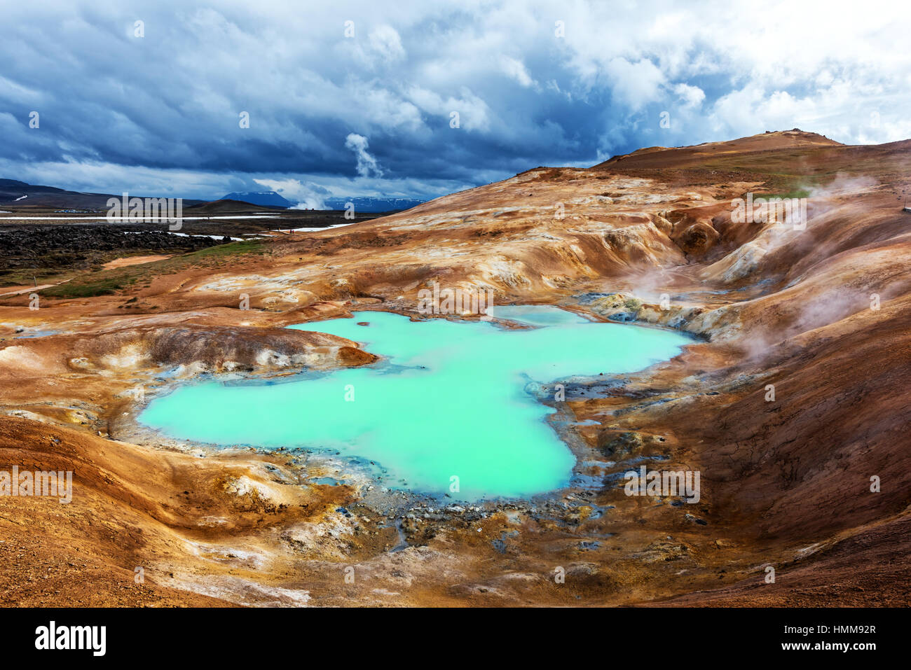 Acid hot lake in the geothermal valley Leirhnjukur, near Krafla volcano ...