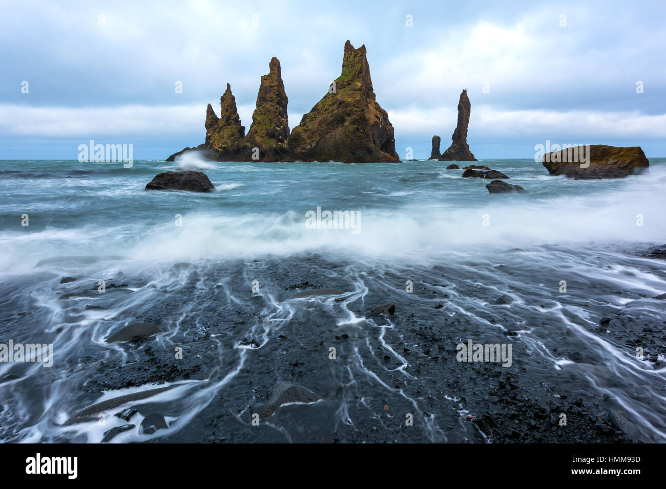 Basalt rock formations "Troll toes" on black beach. Reynisdrangar, Vik ...