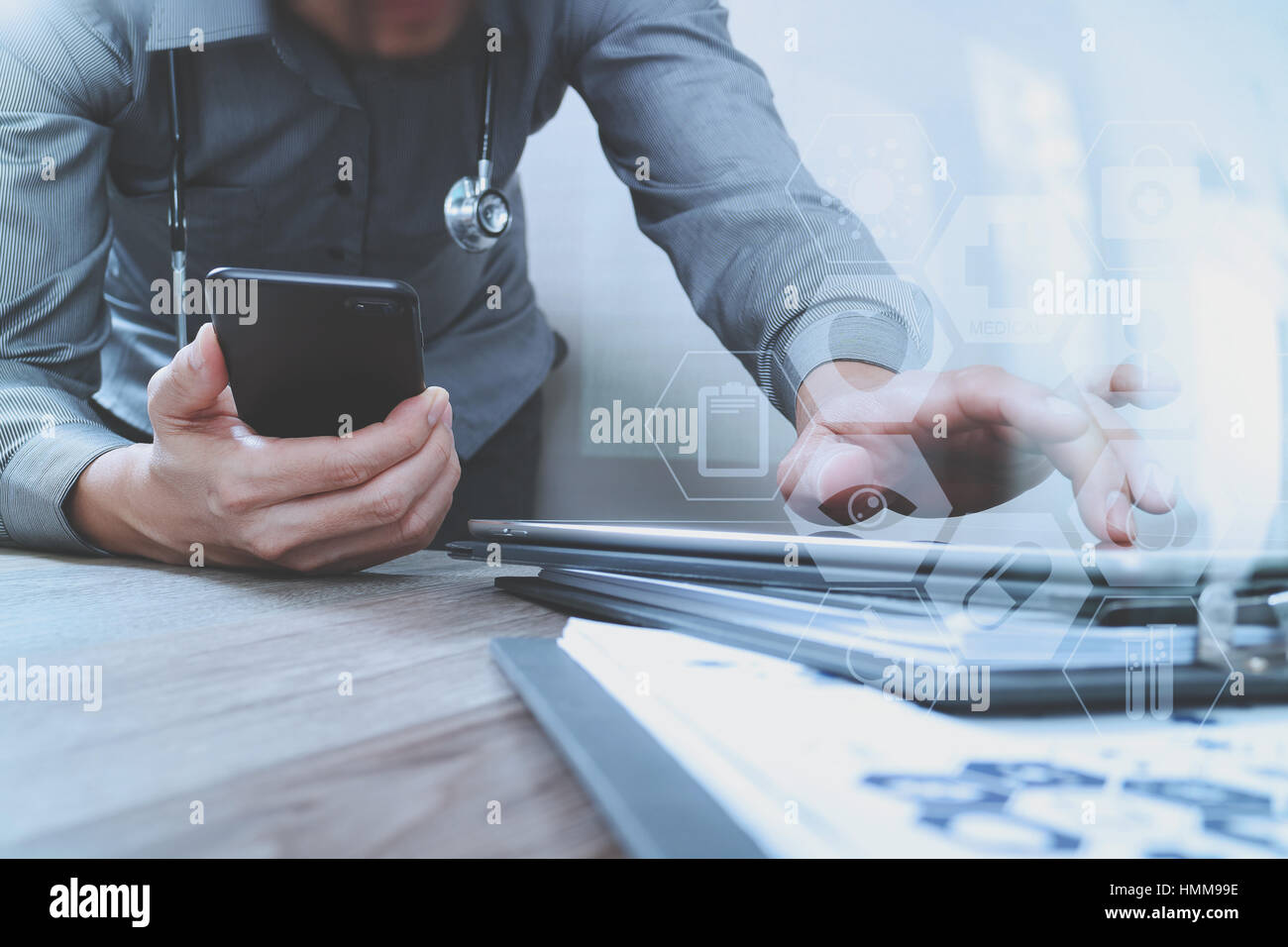 Medical technology concept. Doctor hand working with modern smart phone ...
