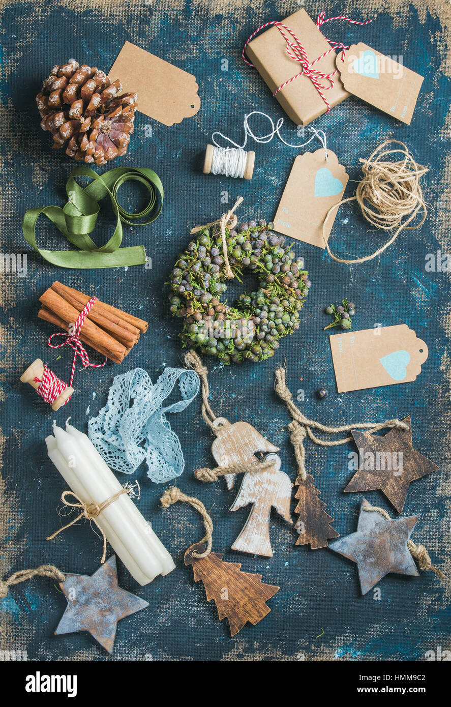 Christmas related objects on shabby table background, top view Stock ...