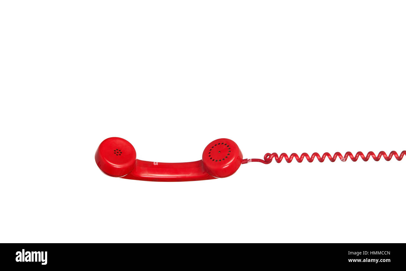 Old red phone hanging of a cable isolated on a white background Stock ...
