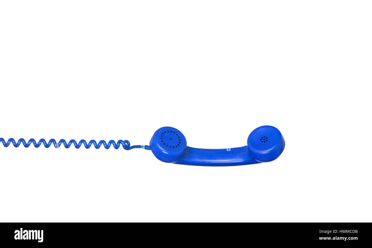 Old blue phone hanging of a cable isolated on a white background Stock ...