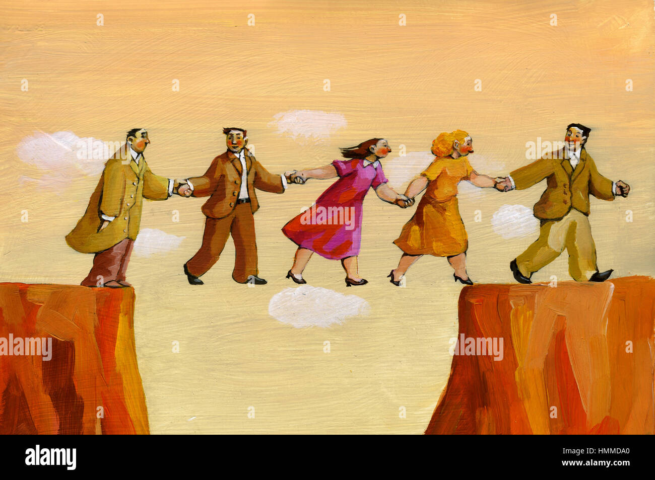 a line of people join hands to cross a ravine Stock Photo - Alamy