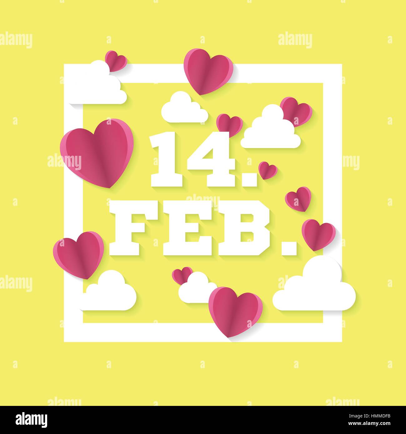 14 February sign with hearts and clouds in square. Valentine's day ...