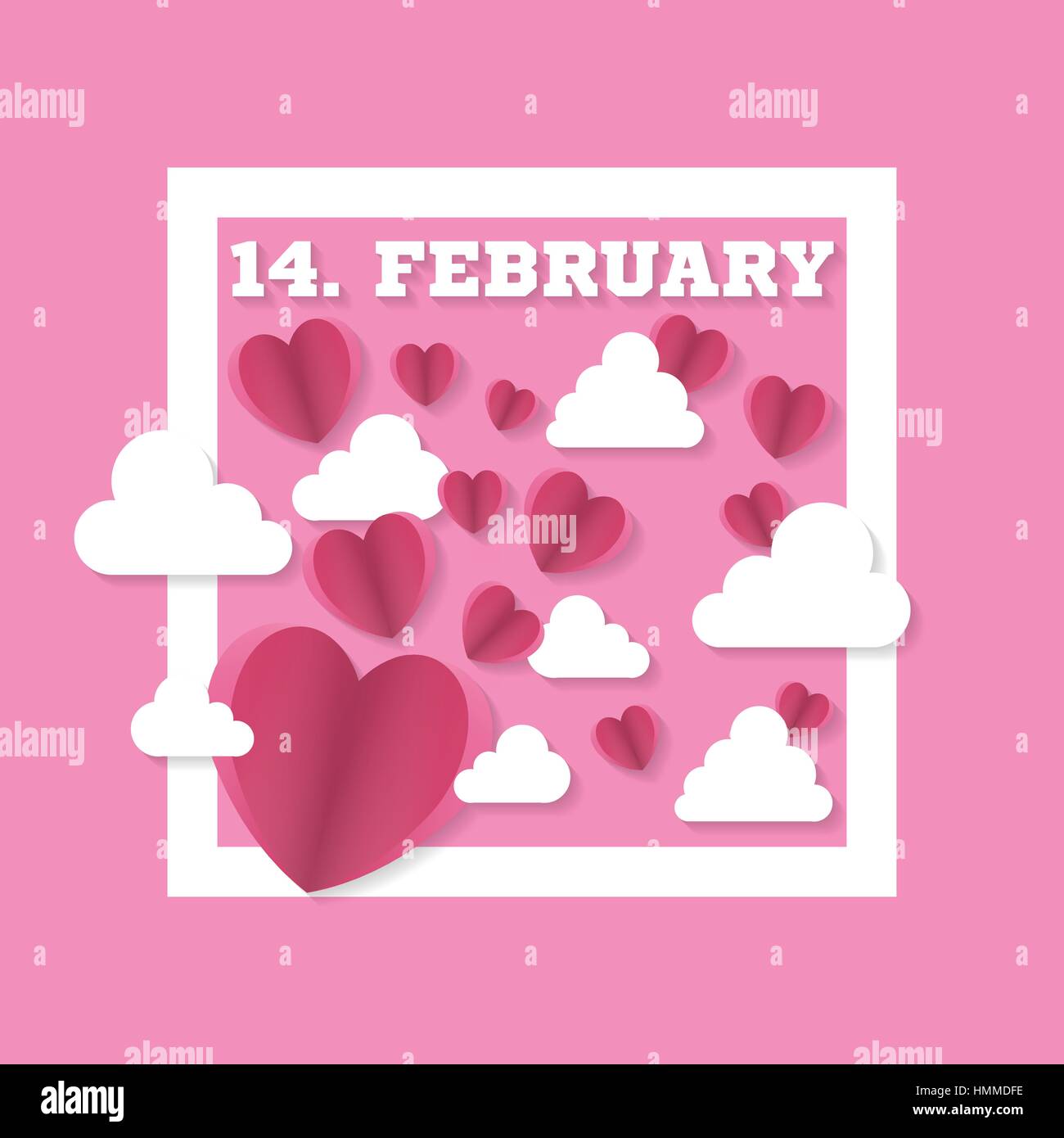 14 February sign with hearts and clouds in square. Valentine's day ...
