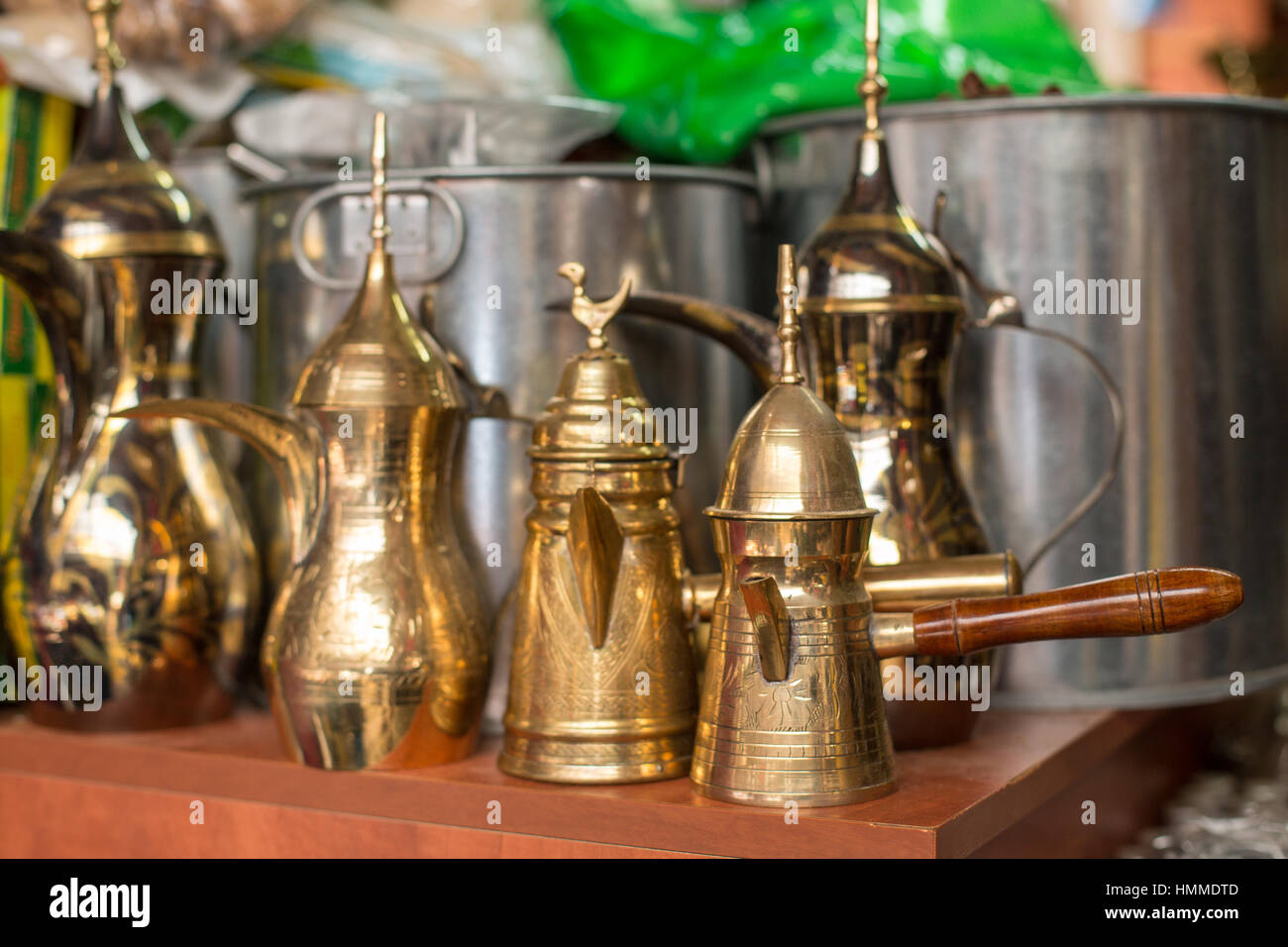 Traditional arabic coffee pots on a shelves of arabic market in Akko ...