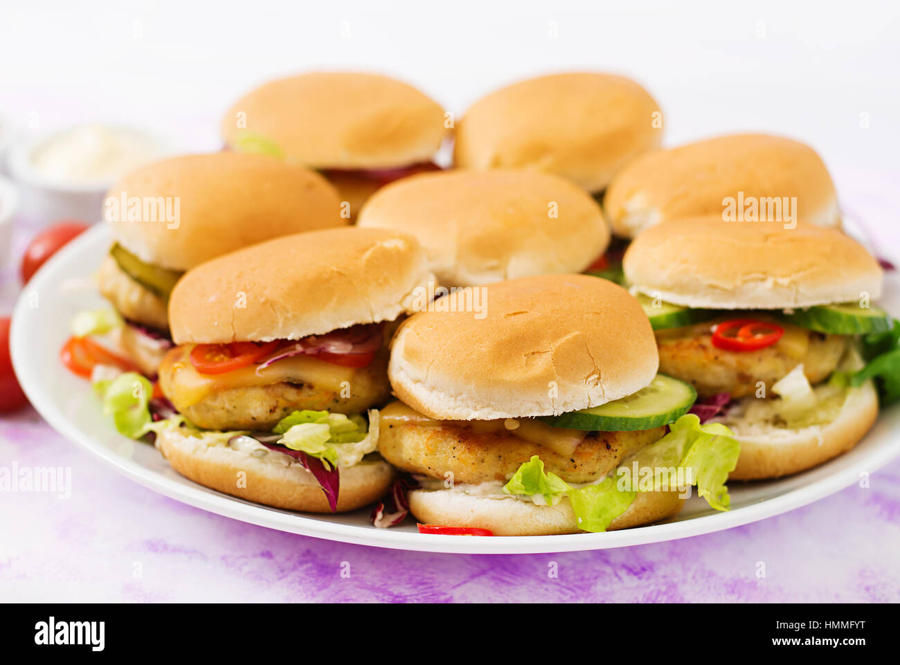Mini hamburgers with chicken burger, cheese and a vegetables Stock ...