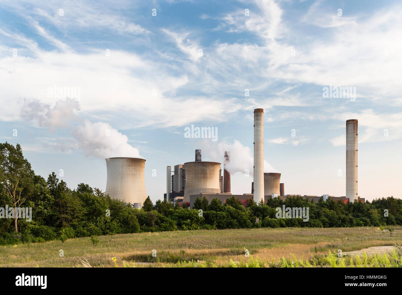 A large coal-fired power station behind some trees and a field Stock ...