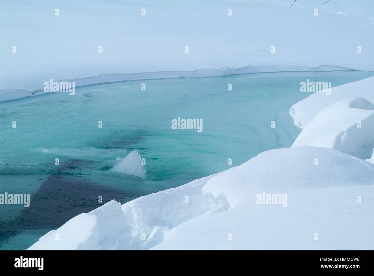 beautiful snowy winter landscape with frozen river and blue sky Stock ...