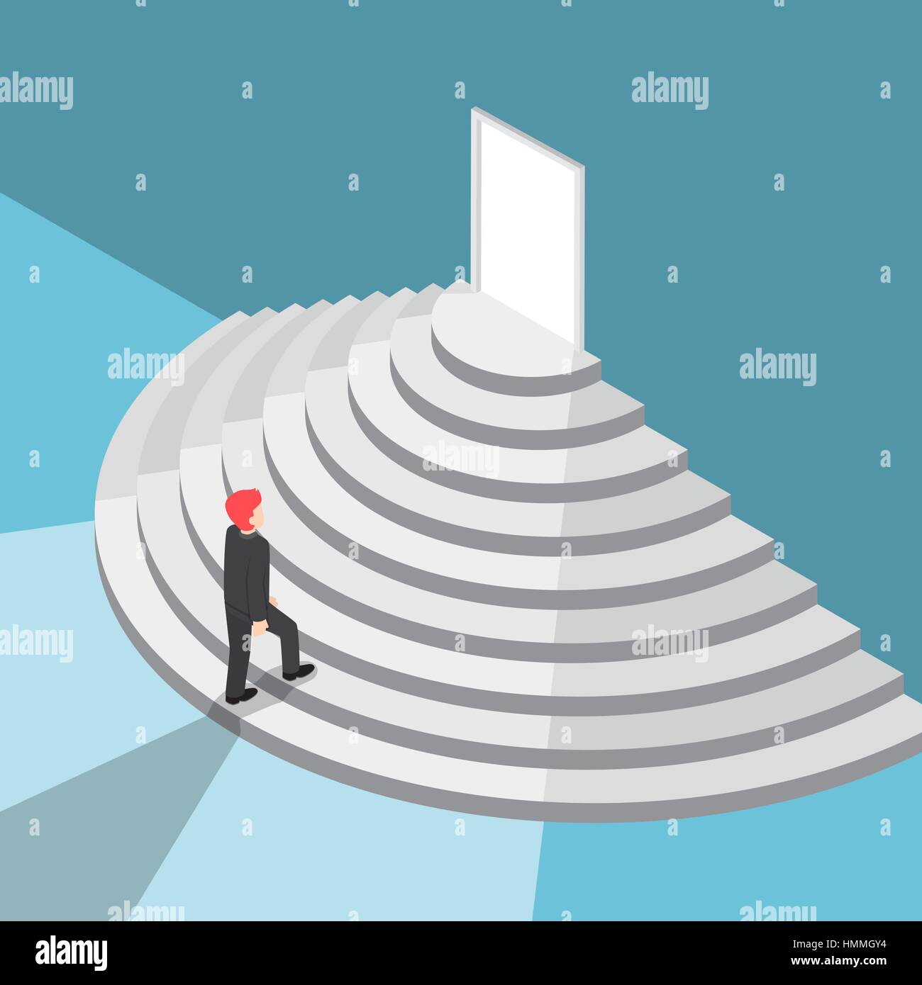Flat 3d isometric businessman walking up staircase to the door with ...