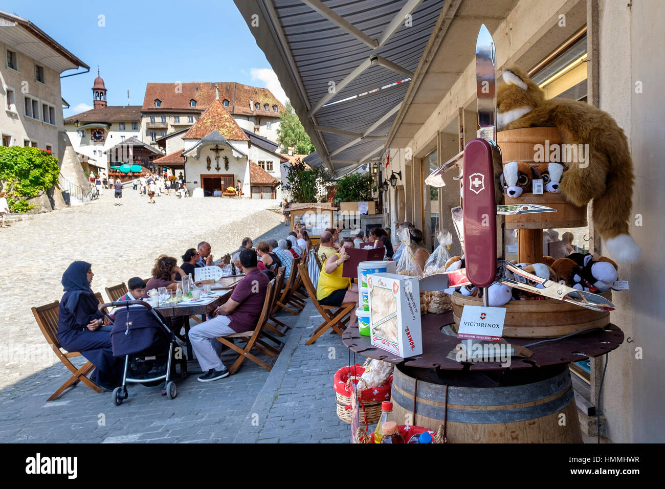 Switzerland, canton Fribourg, Gruyeres, Medieval town, Souvenir shop ...