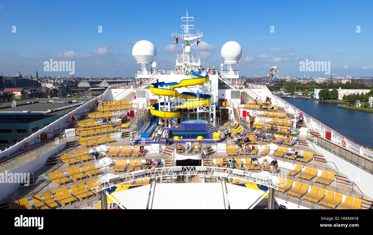 AMSTERDAM - SEP 2, 2014: Deck on the Costa Fortuna cruise ship with a ...