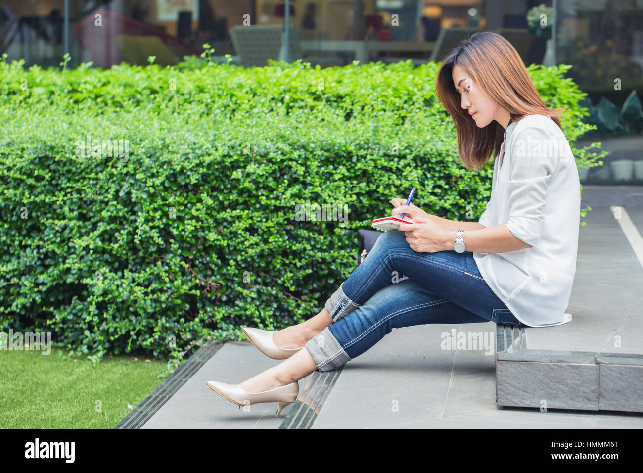 student writing at park, working outdoor women work business job writer ...