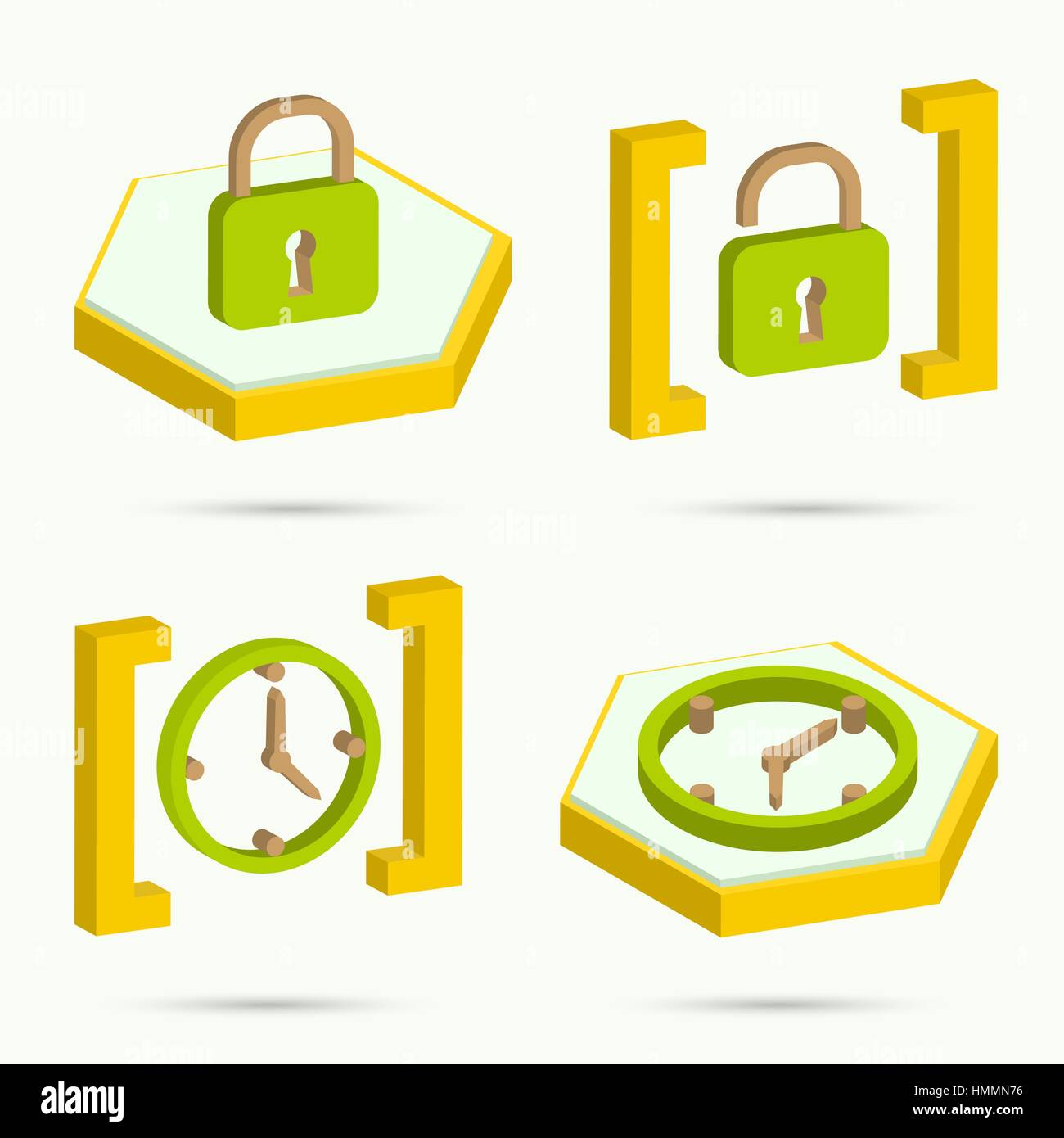 Isometric icons. Collection of four icons. Lock. Unlock. Alarm clock ...