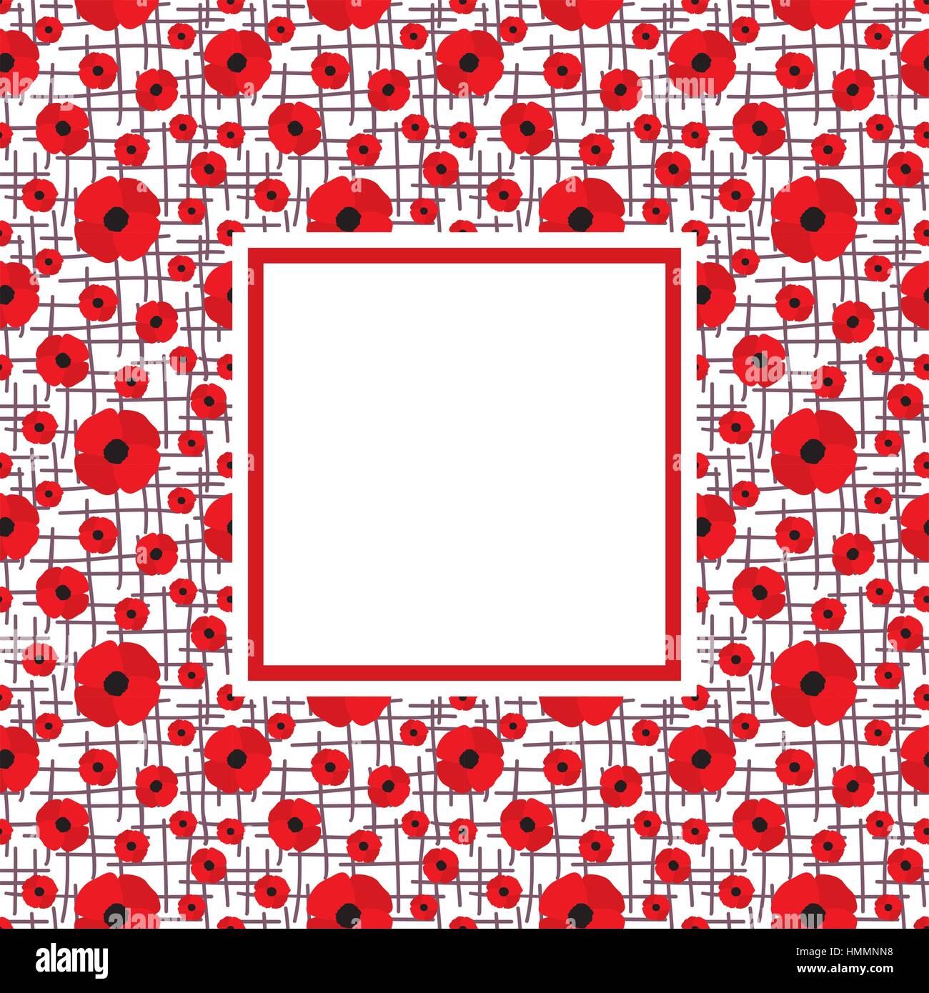 Vector frame with red poppies on borders and white blank space in the ...