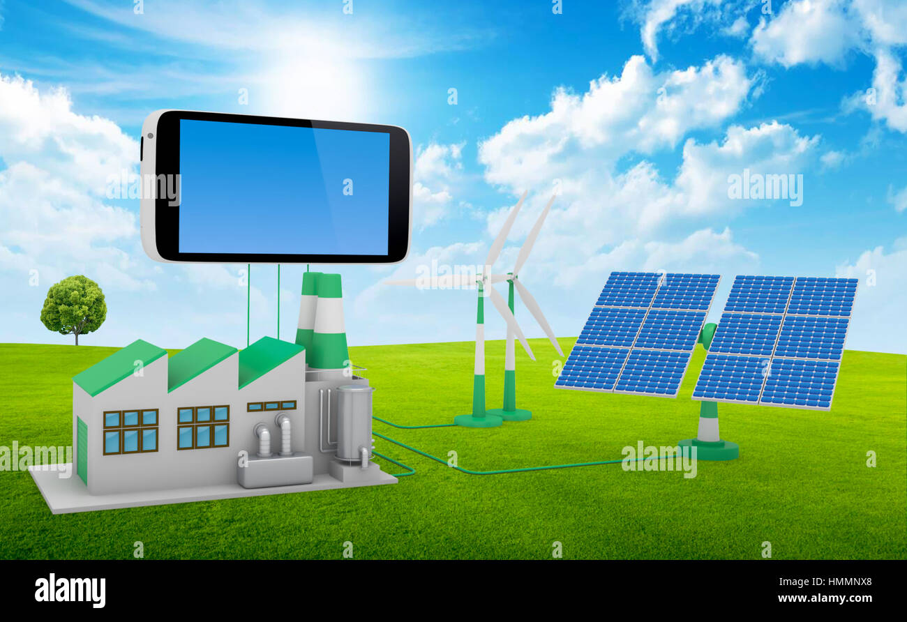 Ecofriendly concept. Green factory, wind turbine and solar panel ...