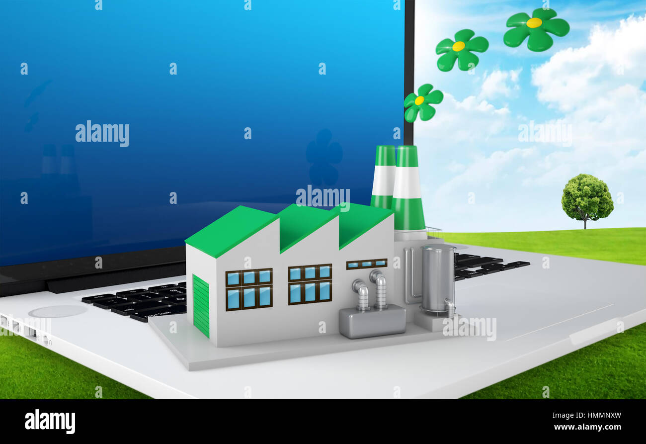 Environmentally friendly factory concept. Green factory on the laptop ...