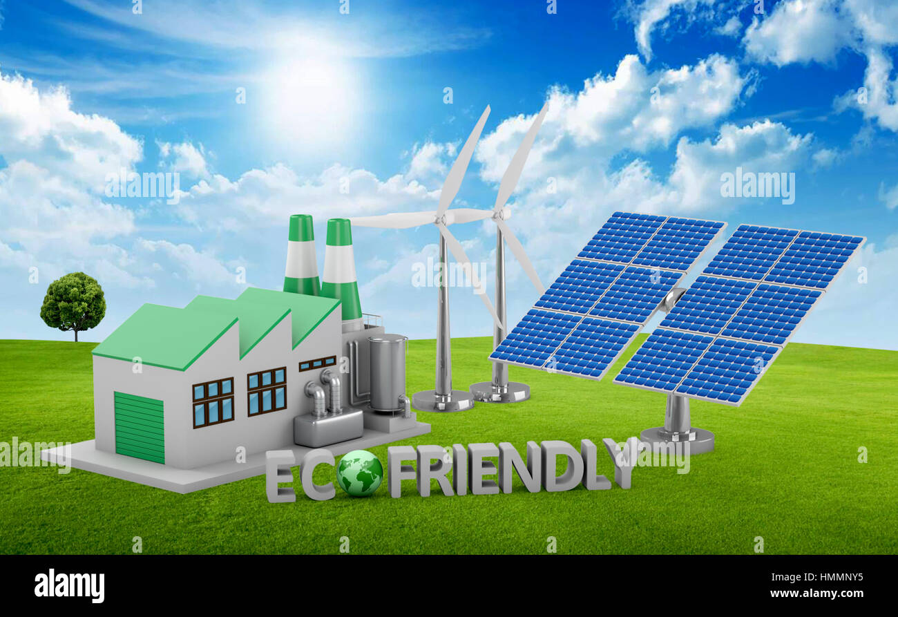 Ecofriendly concept. Green factory, wind turbine and solar panel Stock ...