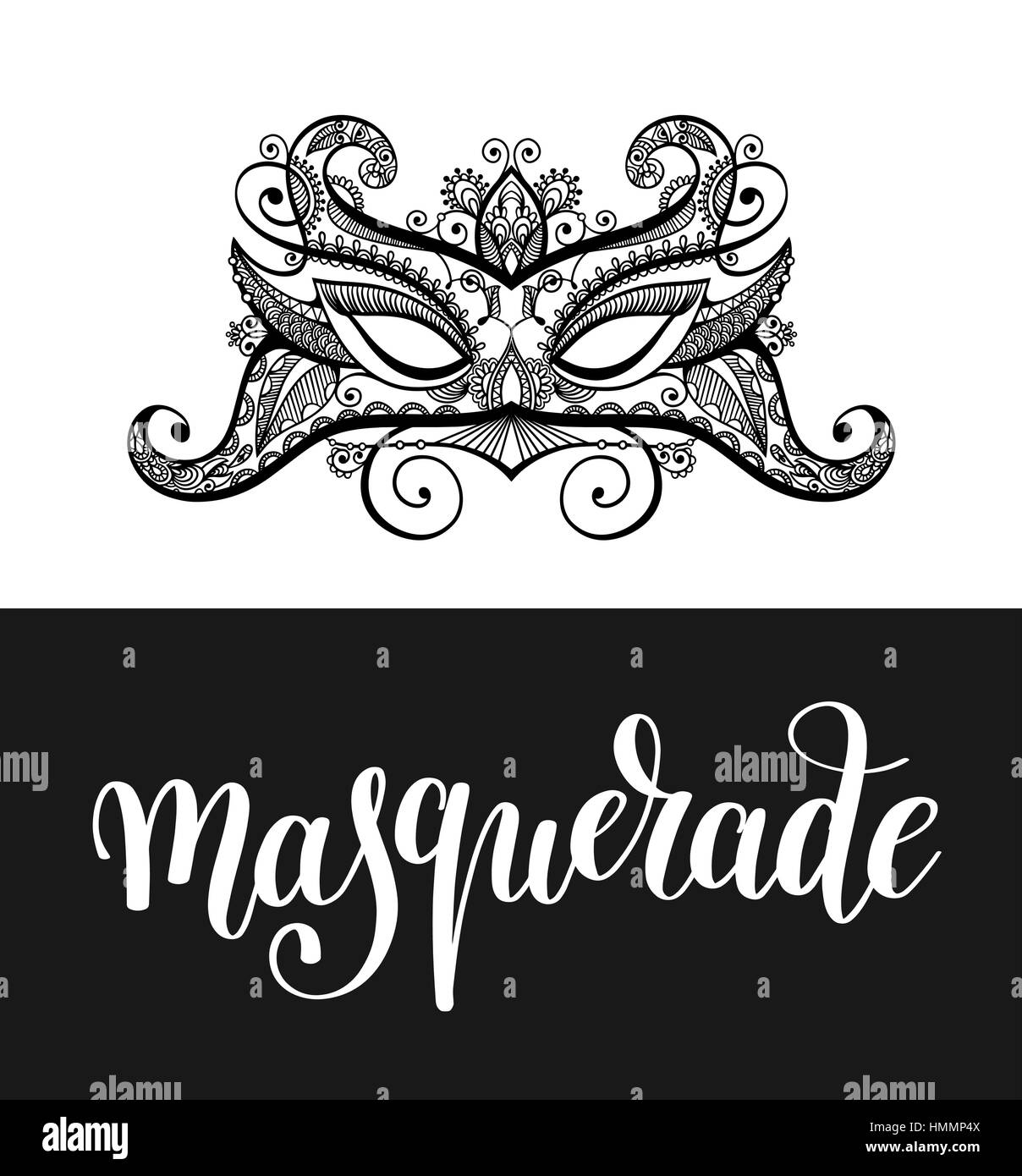 calligraphy brush lettering text design element and carnival mask for ...