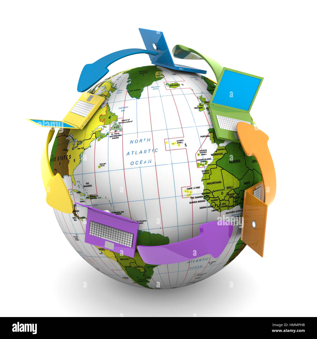 3d Image Of Colored Connecting Laptop All Around The World Stock Photo ...