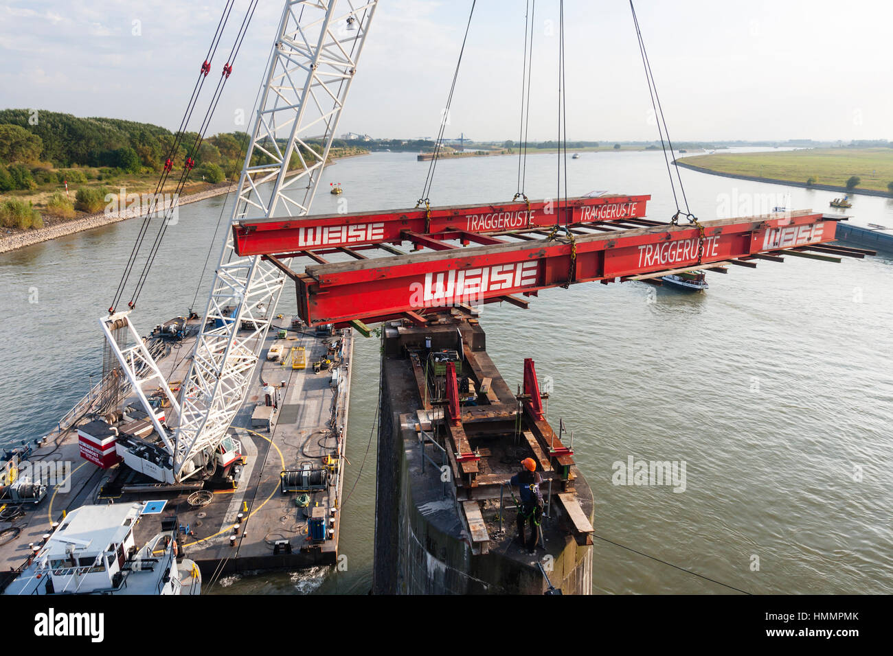WESEL - SEPTEMBER 10: Floating crane carrying girder platform to ...