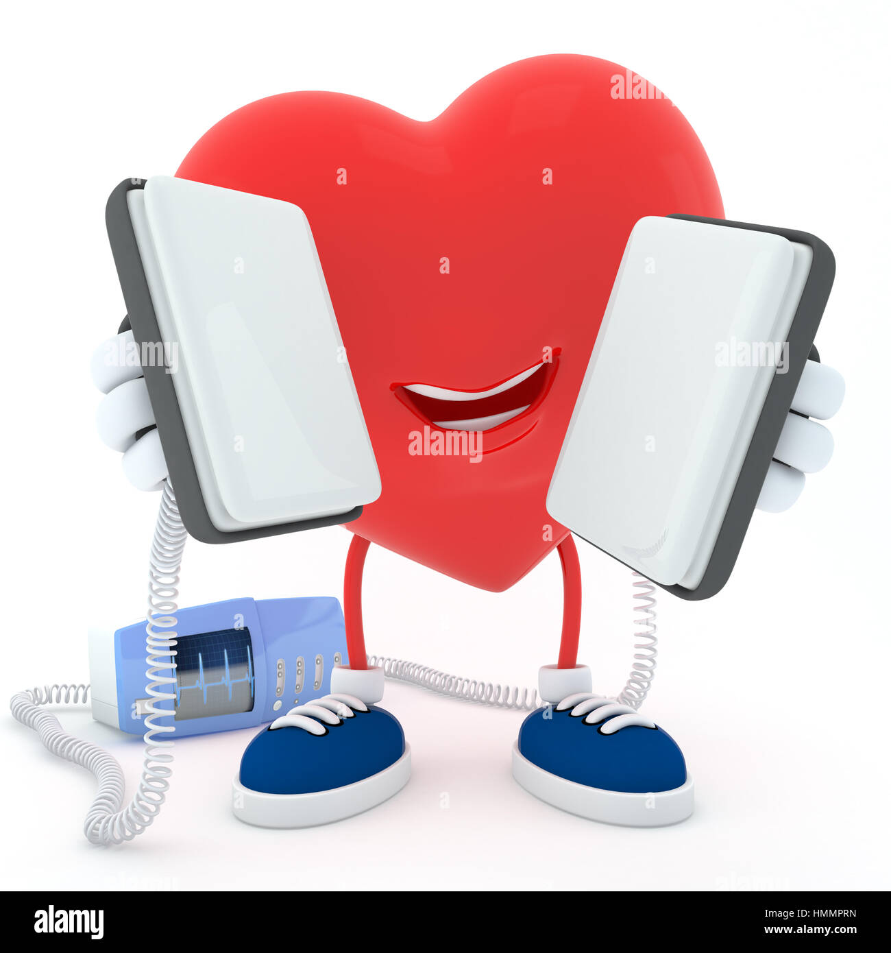 Smily heart keeping defibrillator on white background- 3D render Stock ...