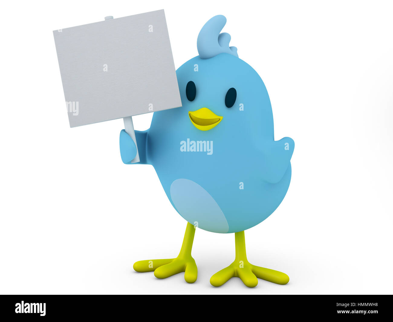 Cute little blue bird with empty board isolated on white background ...